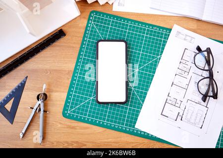 Overhead Shot Of Desk In Architects Office With Plans Drawing ...