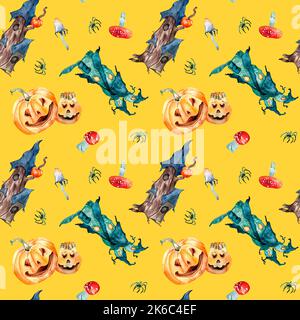 Smiling pumpkins and whimsical houses watercolor seamless pattern ...