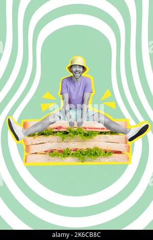 Vertical collage picture of overjoyed excited girl dancing stand big ...