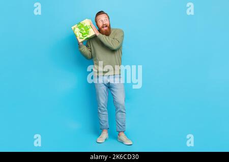Photo of funky positive guy with ginger hairstyle dressed plaid shirt ...