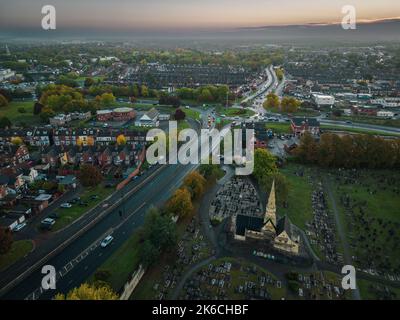An aerial cityscape view of Doncaster city skyline with train station ...