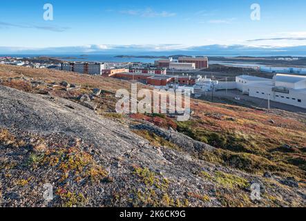 Overview of the city of Iqaluit with the Arctic Ocean harbor in the ...