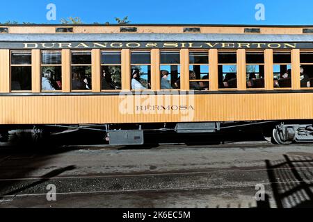 Passenger car on the Durango & Silverton Narrow Gauge Railroad, Durango ...