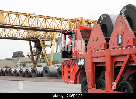 An employee at ArcelorMittal Dofasco, a manufacturer of hot rolled steel coils, parks a truck at ...