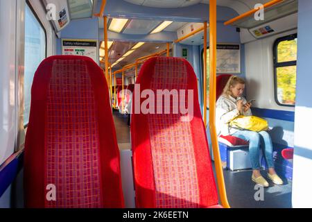 Interior of South Western Railway train carriage, Greater London ...