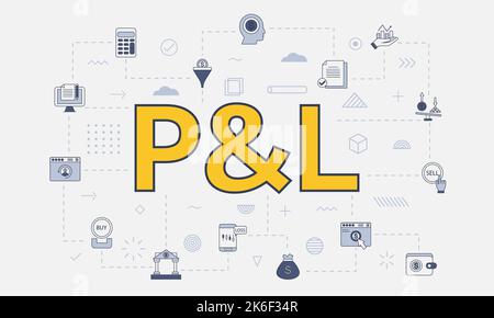 p and l profit and loss concept with big words and people surrounded by ...