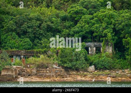 Abandoned buildings of a former pearl oyster farm in Lo Fu Wat, a ...