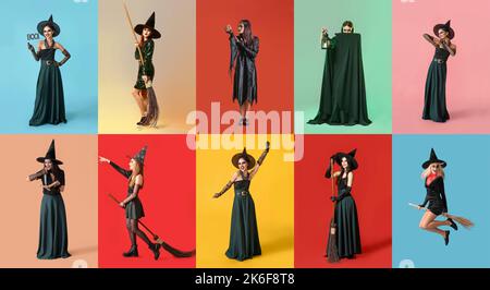 Collage with young witches on colorful background Stock Photo - Alamy