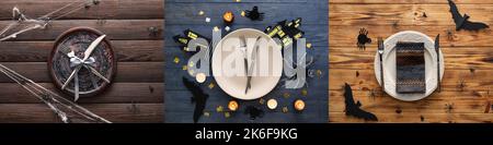 Collage with different Halloween table settings on light background ...