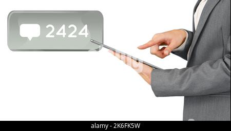 Image of 2424 messages and caucasian businessman with tablet on white ...