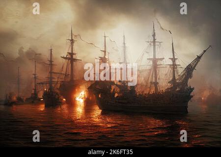 An ocean battle during the 16th century featuring sailing ships and ...