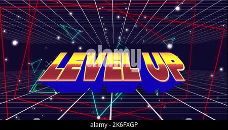 Illustration of level up text with geometric shapes and grid pattern ...