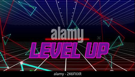 Illustration of level up text with geometric shapes and grid pattern ...