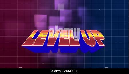 Illustration of level up text with geometric shapes and grid pattern against blue background ...