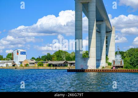 The New Rügen Bridge against the backdrop of the island of Dänholm in ...