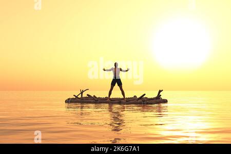 Castaway on a raft at sunset Stock Photo - Alamy