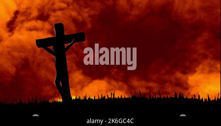 Image of christian cross over smoke and fire. Christianity, faith ...