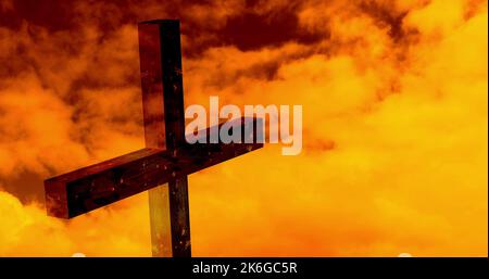 Image of christian cross over smoke and fire. Christianity, faith ...