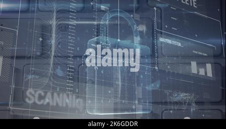 Composite of padlock with multiple text, bar graph and maps over ...