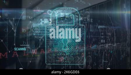 Composite of programming language and padlock over network server room ...