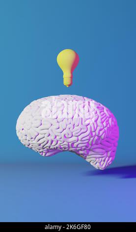 Human brain neon light yellow background 3d rendering. Creative idea ...