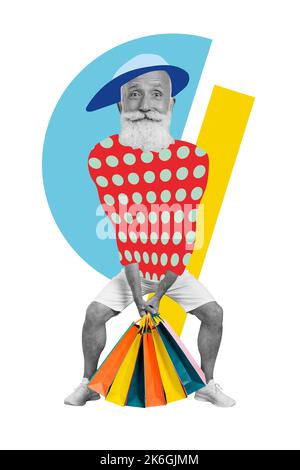 Photo artwork minimal picture of funny funky guy holding bargains ...