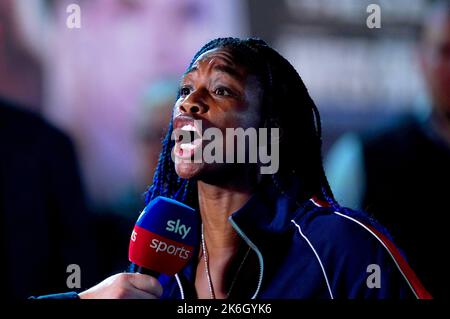 Claressa Shields is interviewed by Sky Sports during the weigh-in at ...