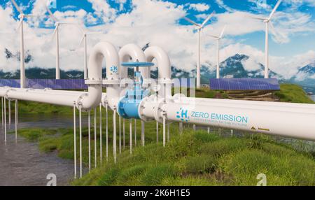 A hydrogen pipeline with wind turbines and solar panel power plants in ...