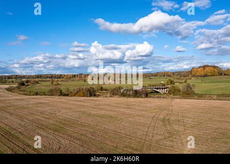 Aerial view of bridge to nowhere. Unfinished and abandoned railway ...