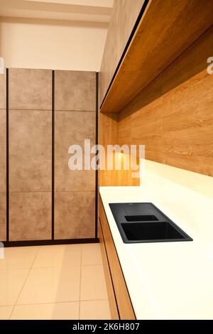 Modern brown wood oak kitchen cabinet equipment, stylish granite black ...