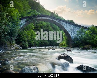 Historical Mikron Bridge in Camlihemsin at sunrise. Turkey's historical ...