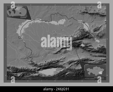 Almaty, region of Kazakhstan. Bilevel elevation map with lakes and ...