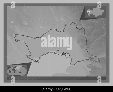Atyrau, region of Kazakhstan. Grayscale elevation map with lakes and ...