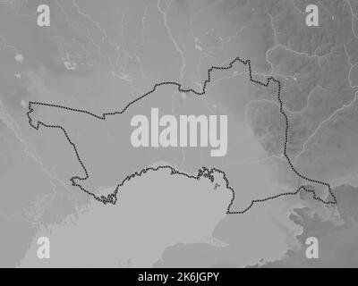 Atyrau, region of Kazakhstan. Grayscale elevation map with lakes and ...