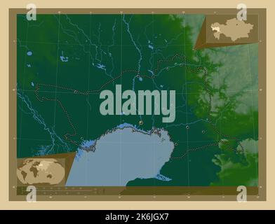 Atyrau, region of Kazakhstan. Colored elevation map with lakes and ...