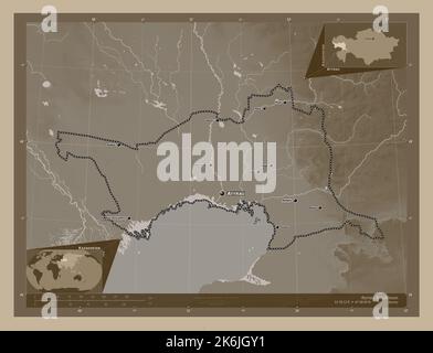 Atyrau, region of Kazakhstan. Colored elevation map with lakes and ...