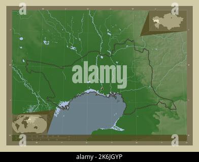 Atyrau, region of Kazakhstan. Colored elevation map with lakes and ...