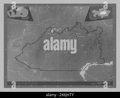Qaraghandy, region of Kazakhstan. Grayscale elevation map with lakes ...