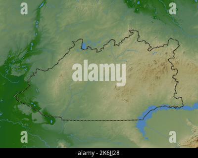 Qaraghandy, region of Kazakhstan. Colored elevation map with lakes and ...