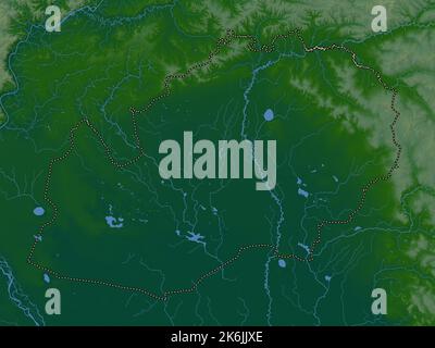 West Kazakhstan, region of Kazakhstan. Colored elevation map with lakes ...