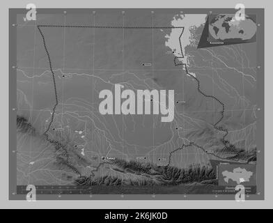 Zhambyl, region of Kazakhstan. Grayscale elevation map with lakes and ...