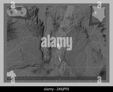Baringo, county of Kenya. Grayscale elevation map with lakes and rivers ...
