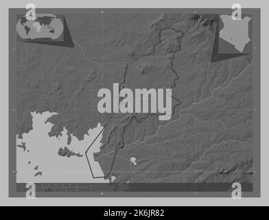 Busia, county of Kenya. Grayscale elevation map with lakes and rivers ...