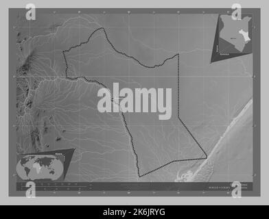 Garissa, county of Kenya. Grayscale elevation map with lakes and rivers ...