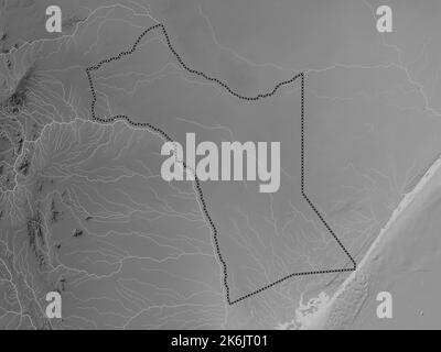 Garissa, county of Kenya. Grayscale elevation map with lakes and rivers ...