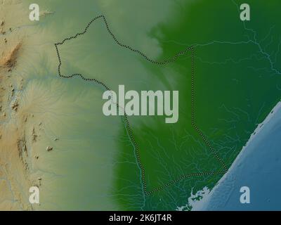 Garissa, county of Kenya. Colored elevation map with lakes and rivers ...