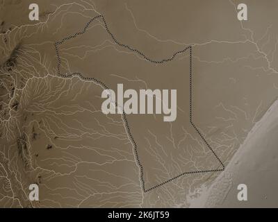 Garissa, county of Kenya. Colored elevation map with lakes and rivers ...