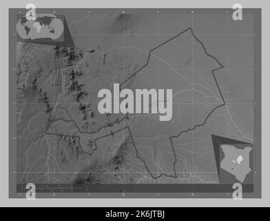 Isiolo, county of Kenya. Grayscale elevation map with lakes and rivers ...