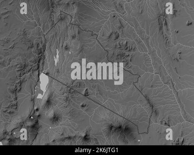 Kajiado, county of Kenya. Grayscale elevation map with lakes and rivers ...