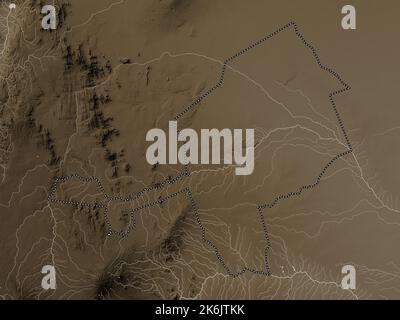 Isiolo, county of Kenya. Elevation map colored in sepia tones with ...